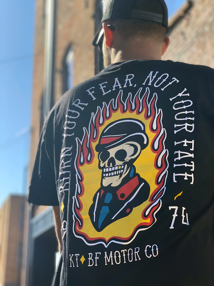 KTBF® Burn Your Fear T-Shirt - Fearless Skull in Derby Hat Design ...